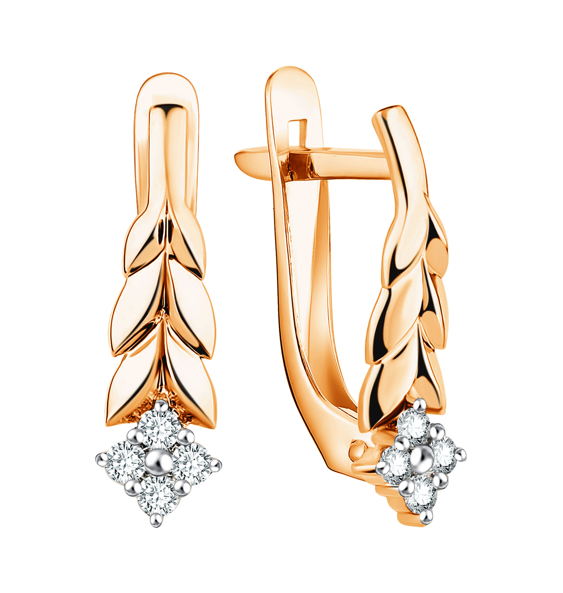 Серьги двусторонние MG, красное золото, 585 проба, родирование, фианит