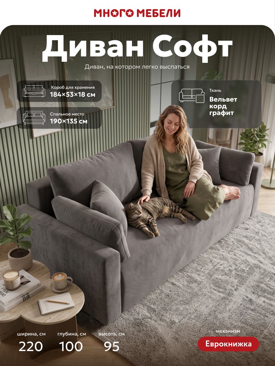 Диван-кровать прямой, раскладной Еврокнижка, Софт, независимый пружинный блок, вельвет Корд графит, 220x100x95 см