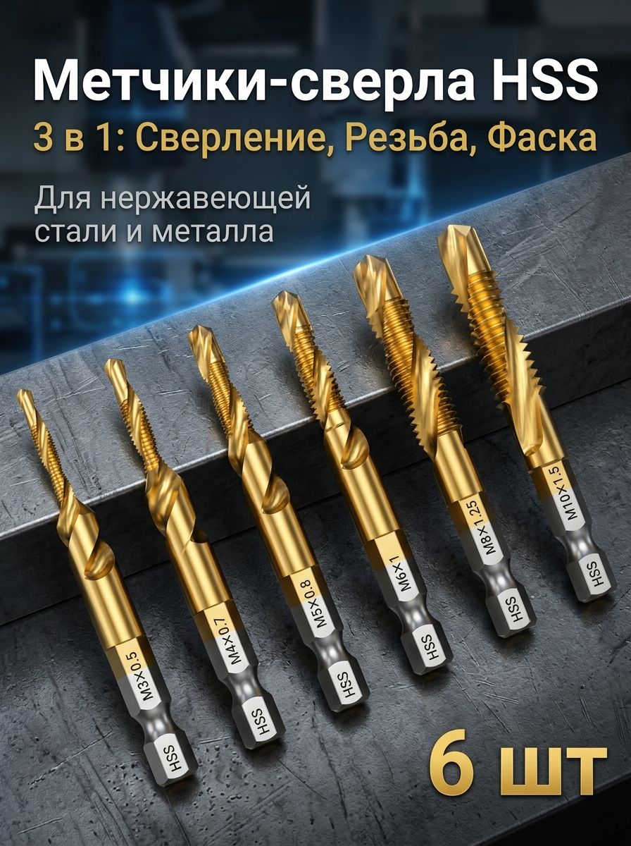 Комбинированный метчик-сверло с титановым покрытием, набор M3-M10, для нержавеющей стали