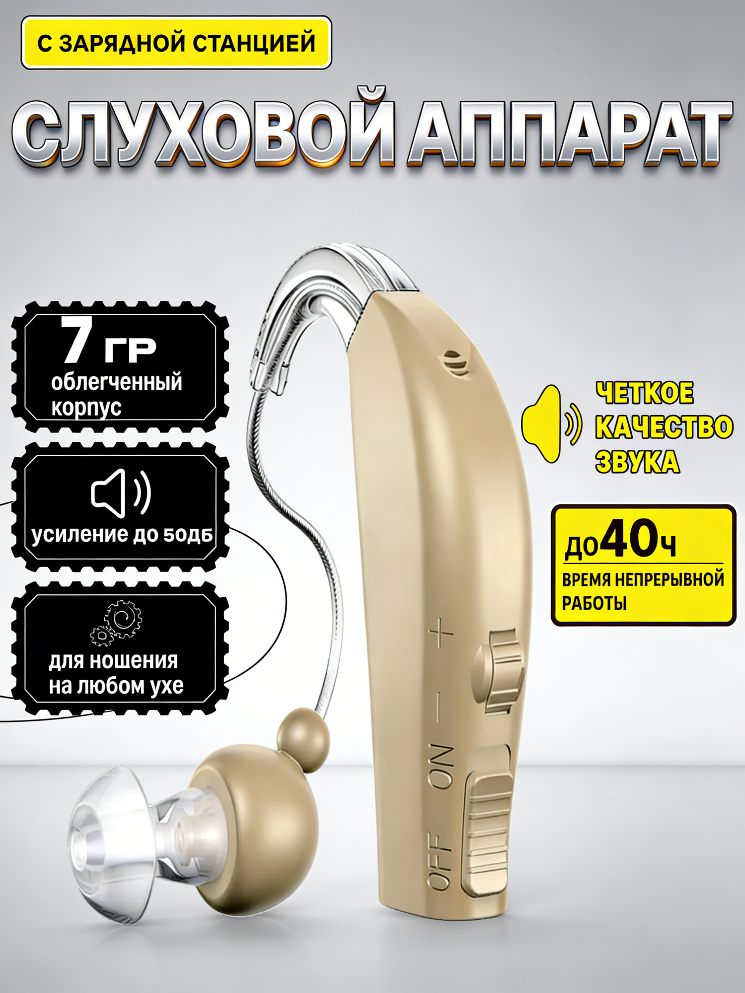 Слуховой аппарат, усиление звука до 30Х, влагозащита, мягкие амбушюры