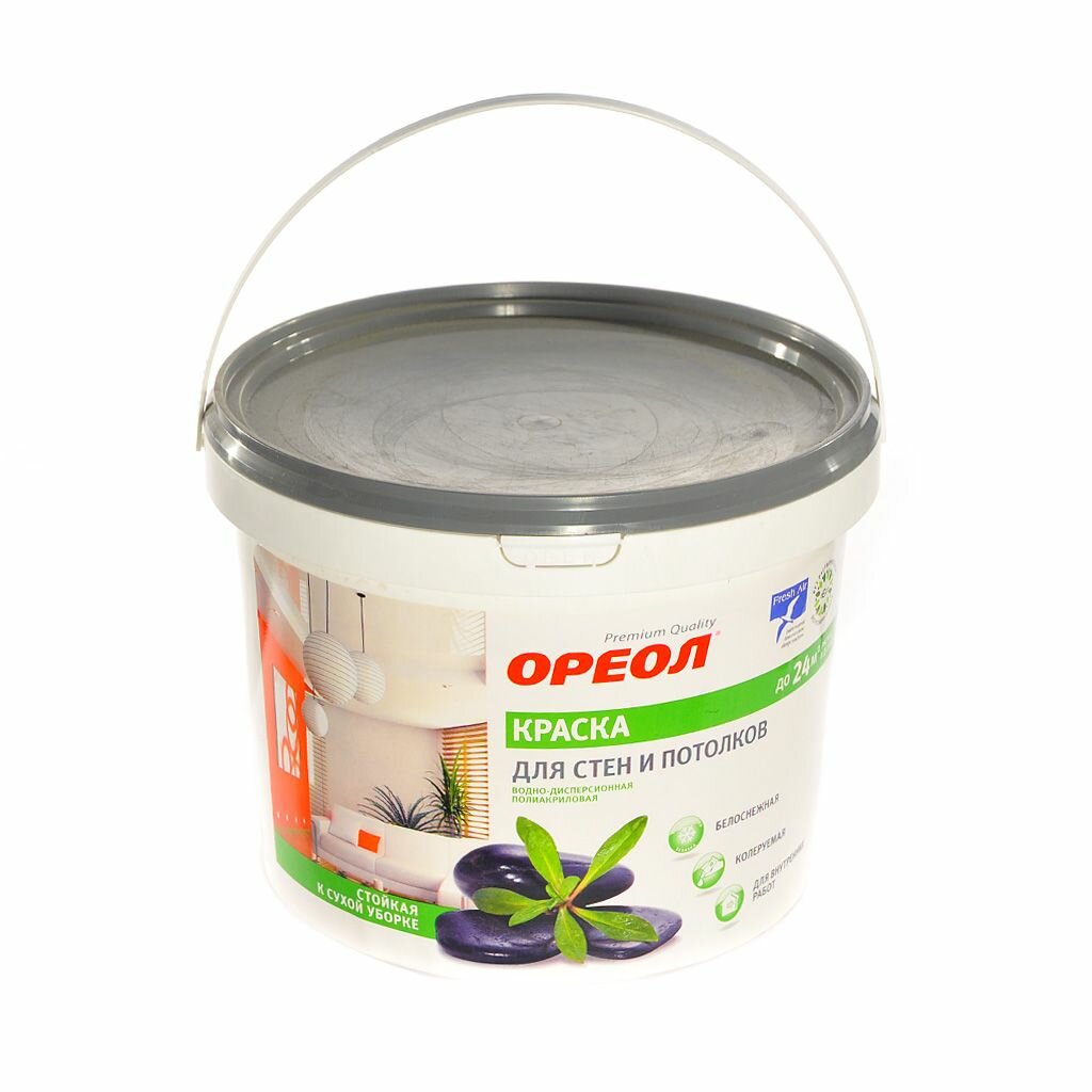 Краска Ореол интерьерная матовая белоснежная для стен и потолков, водно-дисперсионная полиакриловая, 3 кг
