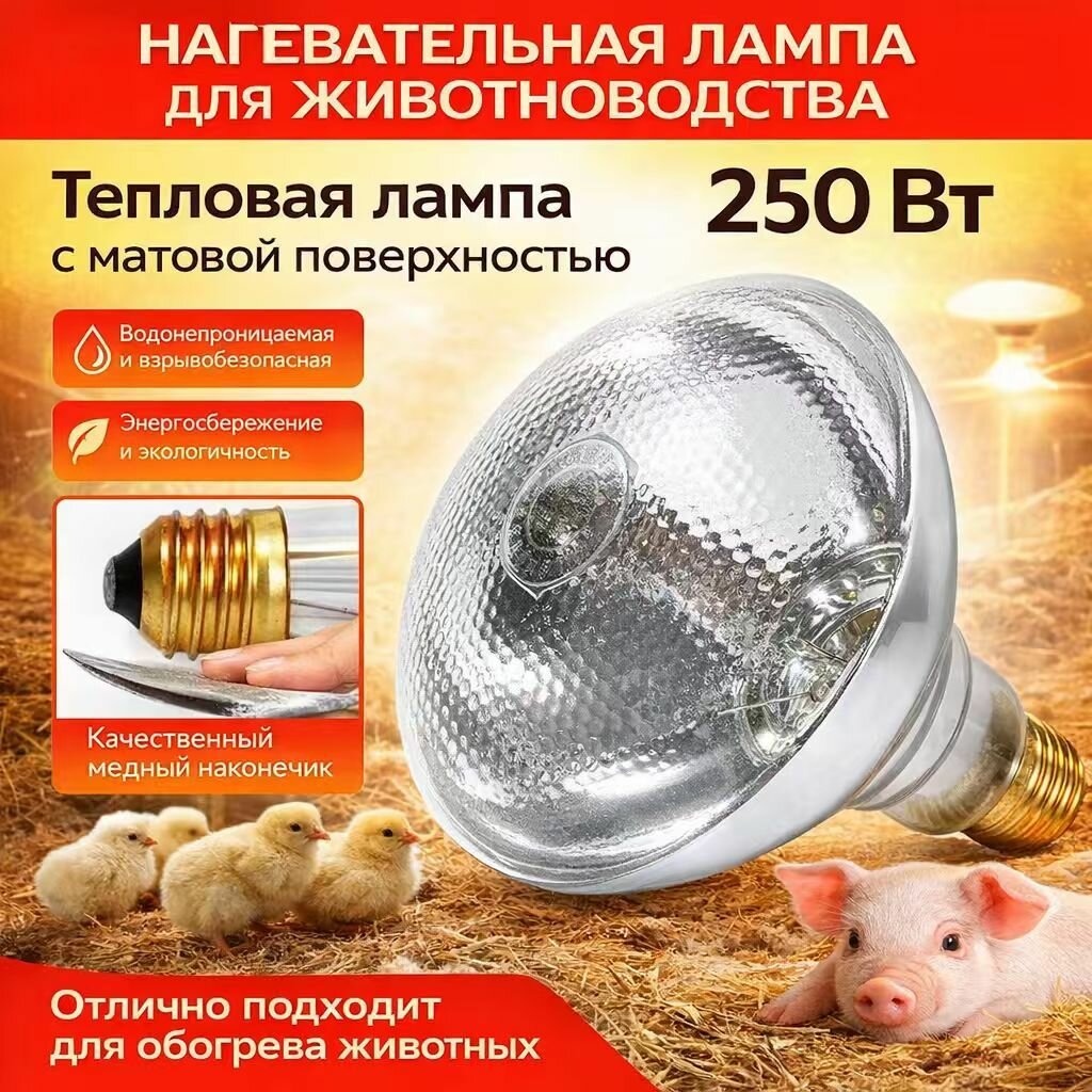 Лампа инфракрасная для обогрева кур, щенков, цыплят, свиней, курятника, брудера/ Лампочка галогенная для животных, растений и теплиц 250 Вт-1 шт