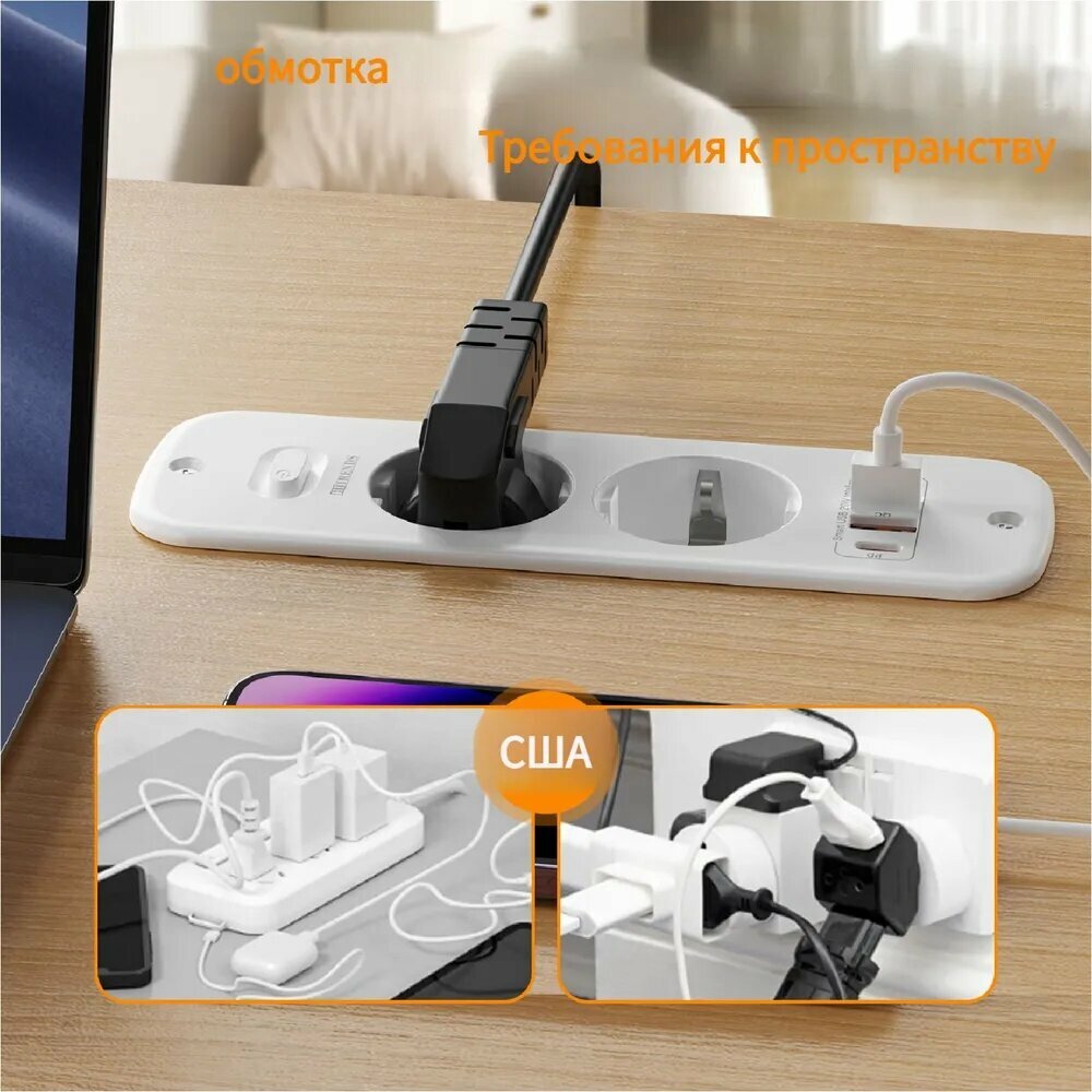 HITRENDS Встраиваемый удлинитель с 2 евророзетками, 2 USB и 2 Type-C (белый), 250V 16A, 4000W, кабель 2м, быстрая зарядка, защита от перегрузки, огнестойкий