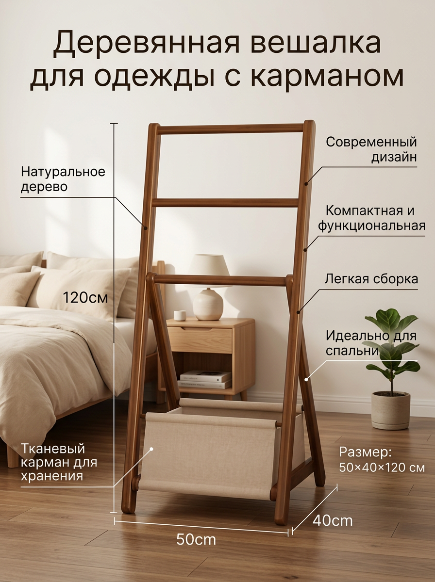 Элегантная прочная напольная вешалка, натуральный массив дерева, стильная практичная коричневая, 50х40х120 см