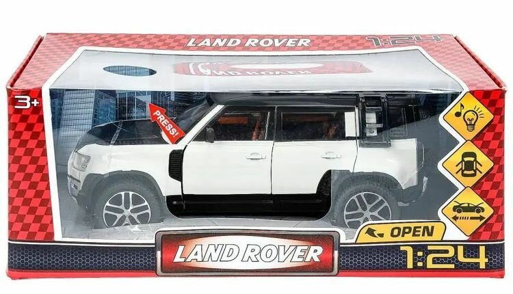 Машинка Huada Toys модель инерционная 1:24 Land Rover Defender 21 см, металл, свет, звук, открываются двери, багажник и капот, белый, от 3 лет, CZ132-R