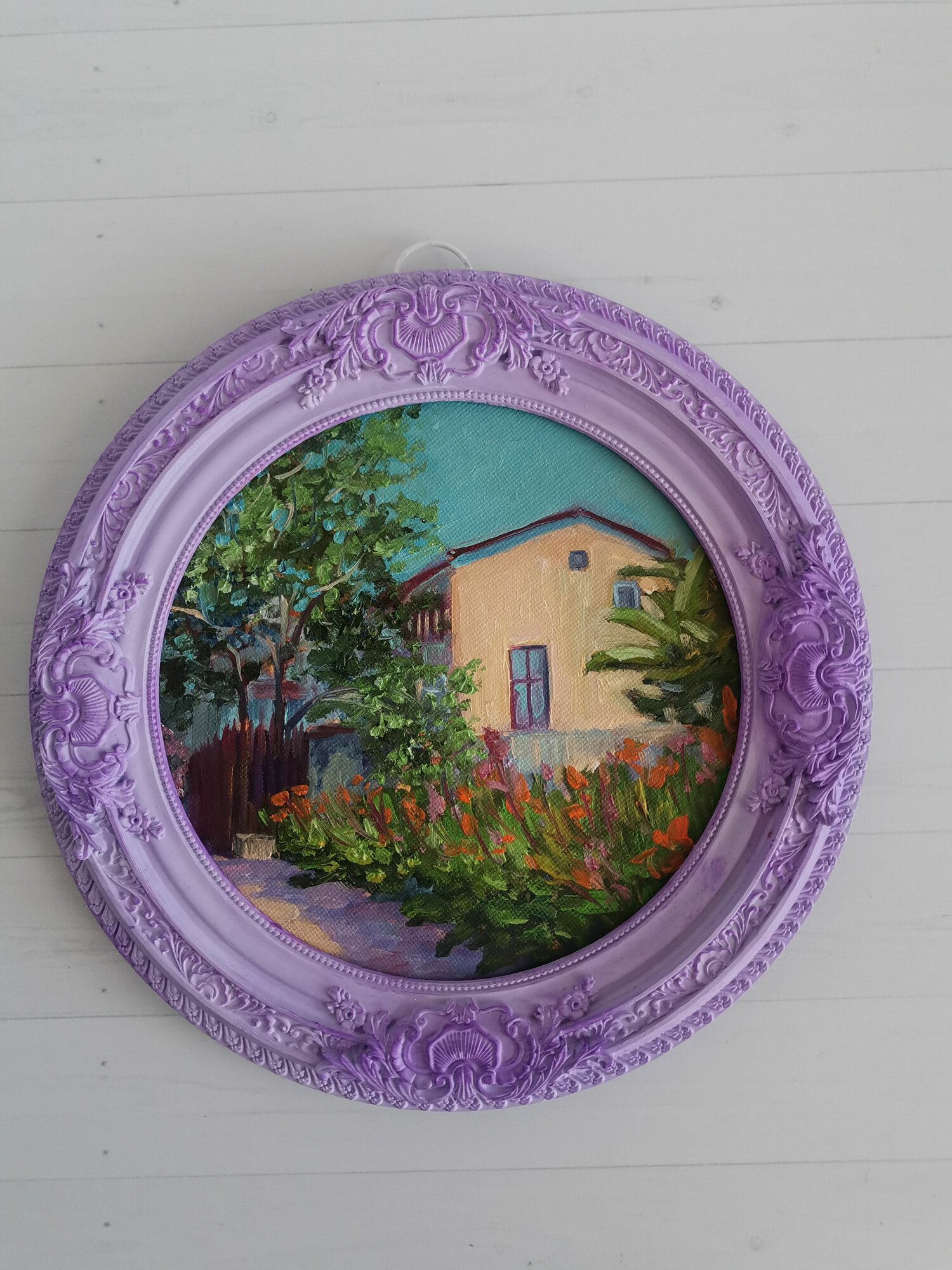 Картина Брусника Арт "Домик", холст, масло, в раме, 20x20см, цвет сиреневый