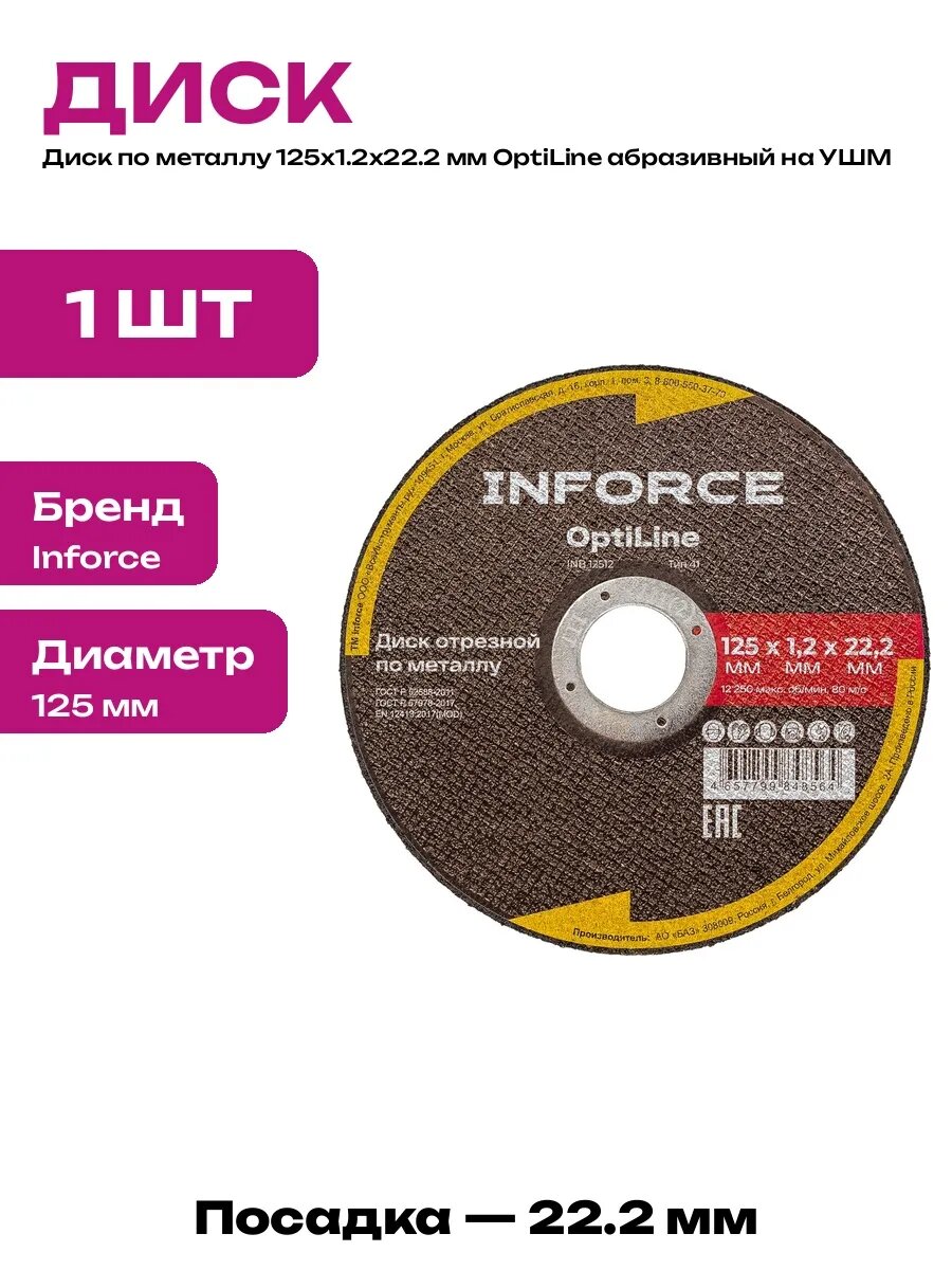Диск для резки металла 125х1.2х22.2 мм OptiLine прямой формы