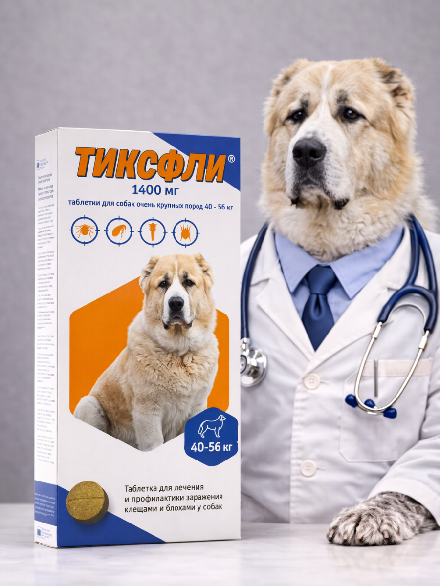 Тиксфли 1400мг инсектоакарицидный препарат для собак 1 таблетка на вес 40-56кг