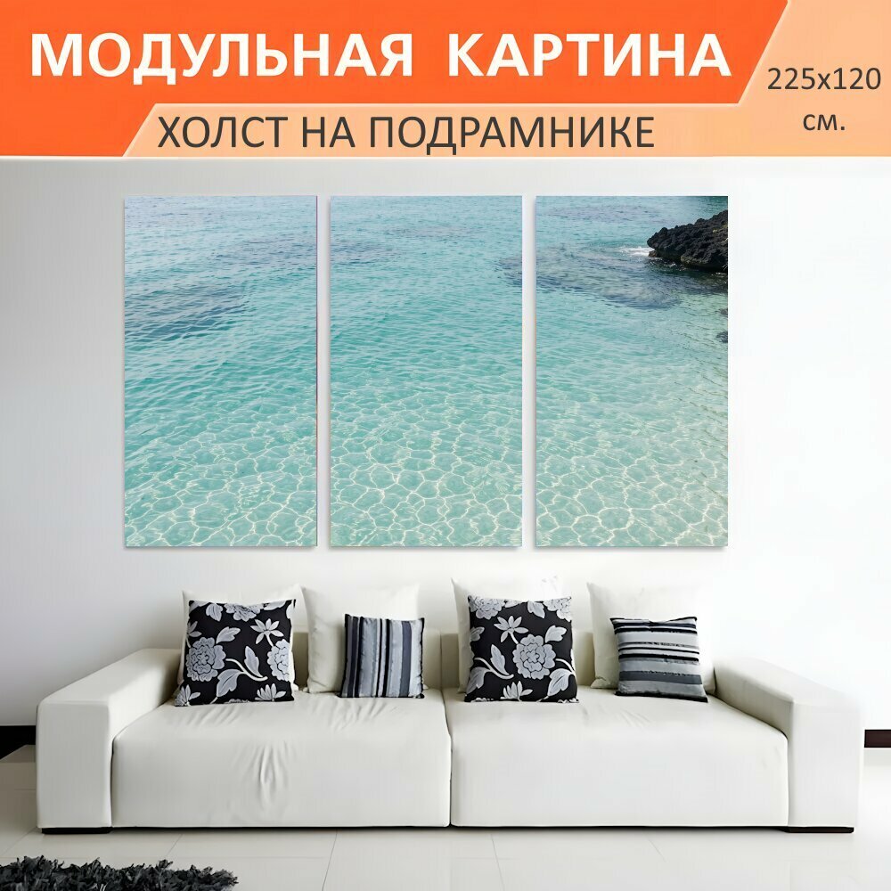 Модульная картина на холсте "Бирюзовое море у скал. Спокойная морская гладь с кристально прозрачной водой, мягкими переливами бирюзы." триптих на подрамнике 225х120 см. для интерьера
