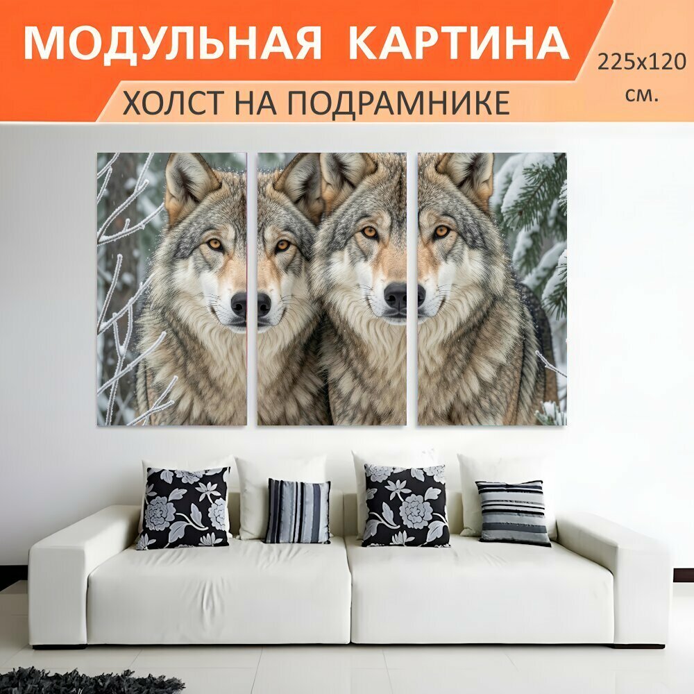 Модульная картина на холсте "Два волка в зимнем лесу. Парные хищники крупным планом среди заснеженных еловых ветвей, реалистичная." триптих на подрамнике 225х120 см. для интерьера