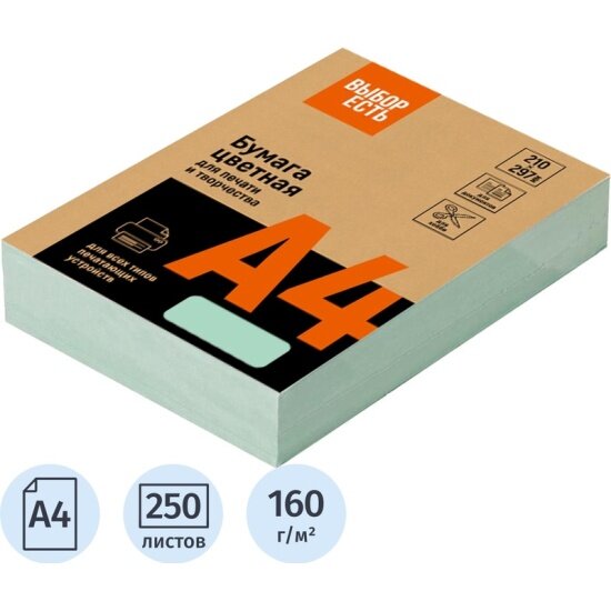 Бумага цветная Выбор Есть (А4,160г, зеленая пастель) 250л/уп