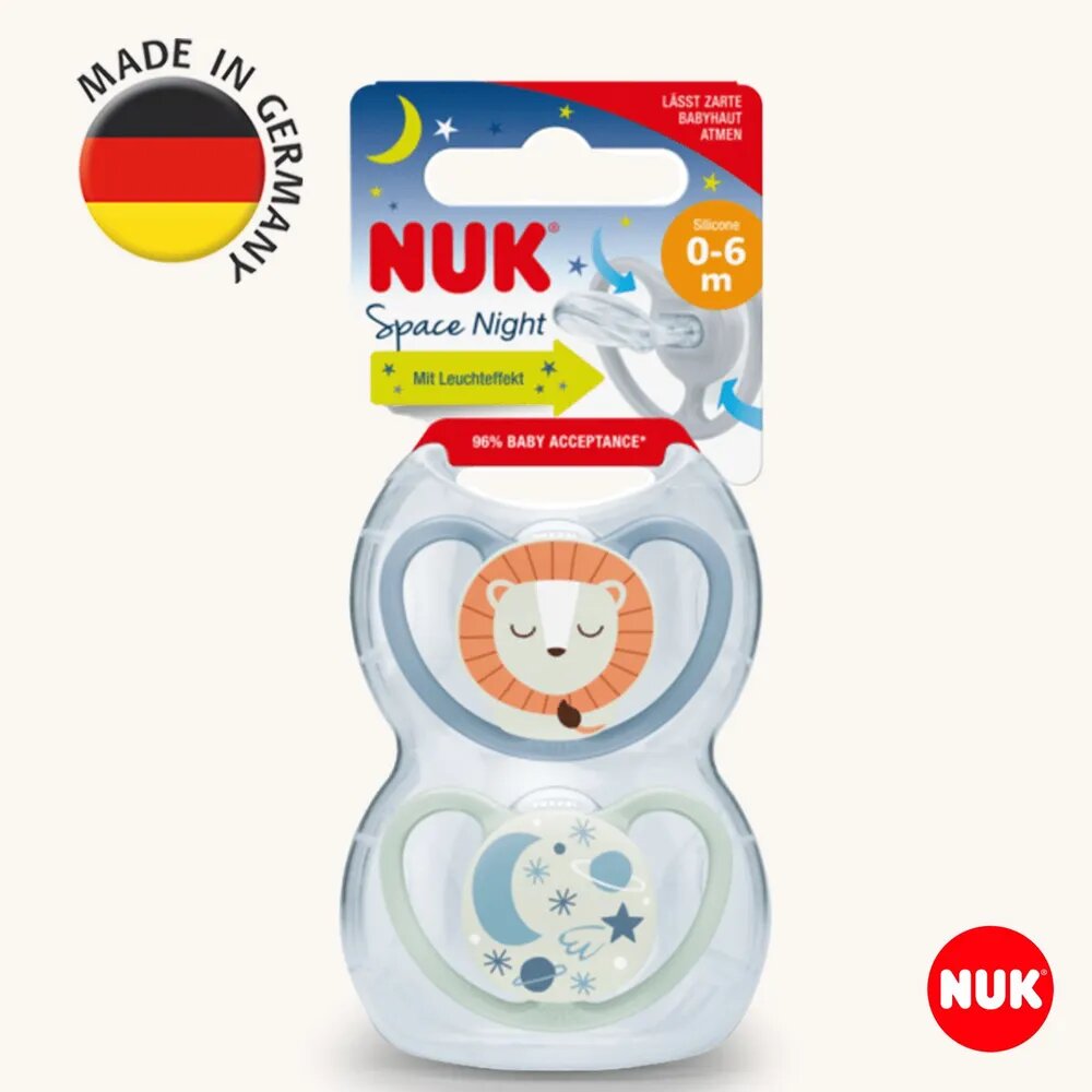 NUK SPACE NIGHT Соска пустышка ортодонтическая силиконовая, разм. 1 (для детей с 0 мес.), 2 шт. в контейнере, голубой лев