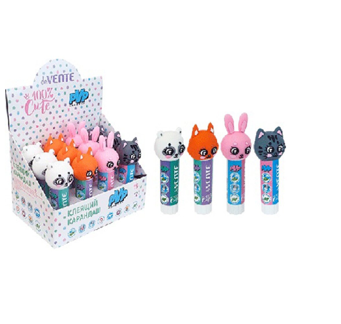 Клей-карандаш " deVente " 100% Cute 15гр, основа PVP, быстросохнущий, с фигуркой на колпачке, 4 дизайна, 12 штук