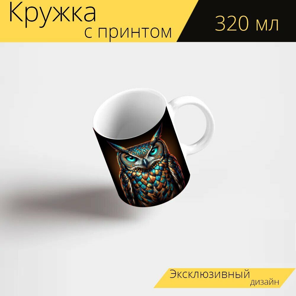 Кружка с рисунком, принтом "Яркая сова с бирюзовыми глазами. Фантазийная ночная птица с крупными светящимися глазами, переливчатым оперением в бирюзовых, синих и золотых." 320 мл.