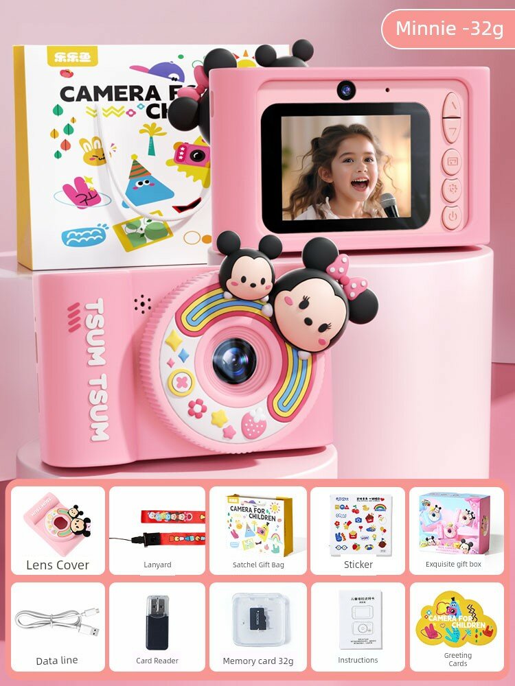 Детская камера-игрушка Disney Минни 32 ГБ с двойной камерой 9600W, мягким экраном, мультяшными наклейками и защитным