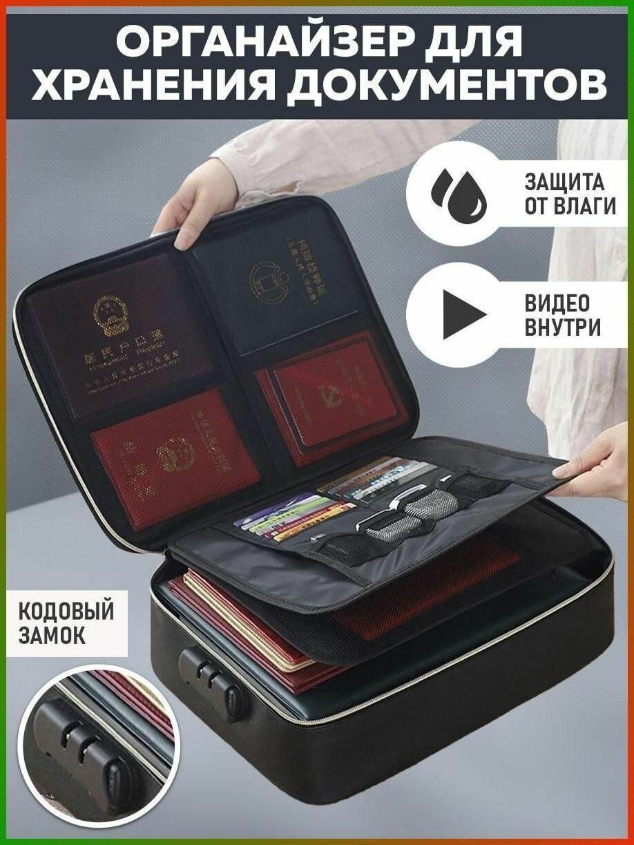 Органайзер для документов: тканевый водонепроницаемый бокс для папок A4 с отделениями, кодовым замком и ручкой.