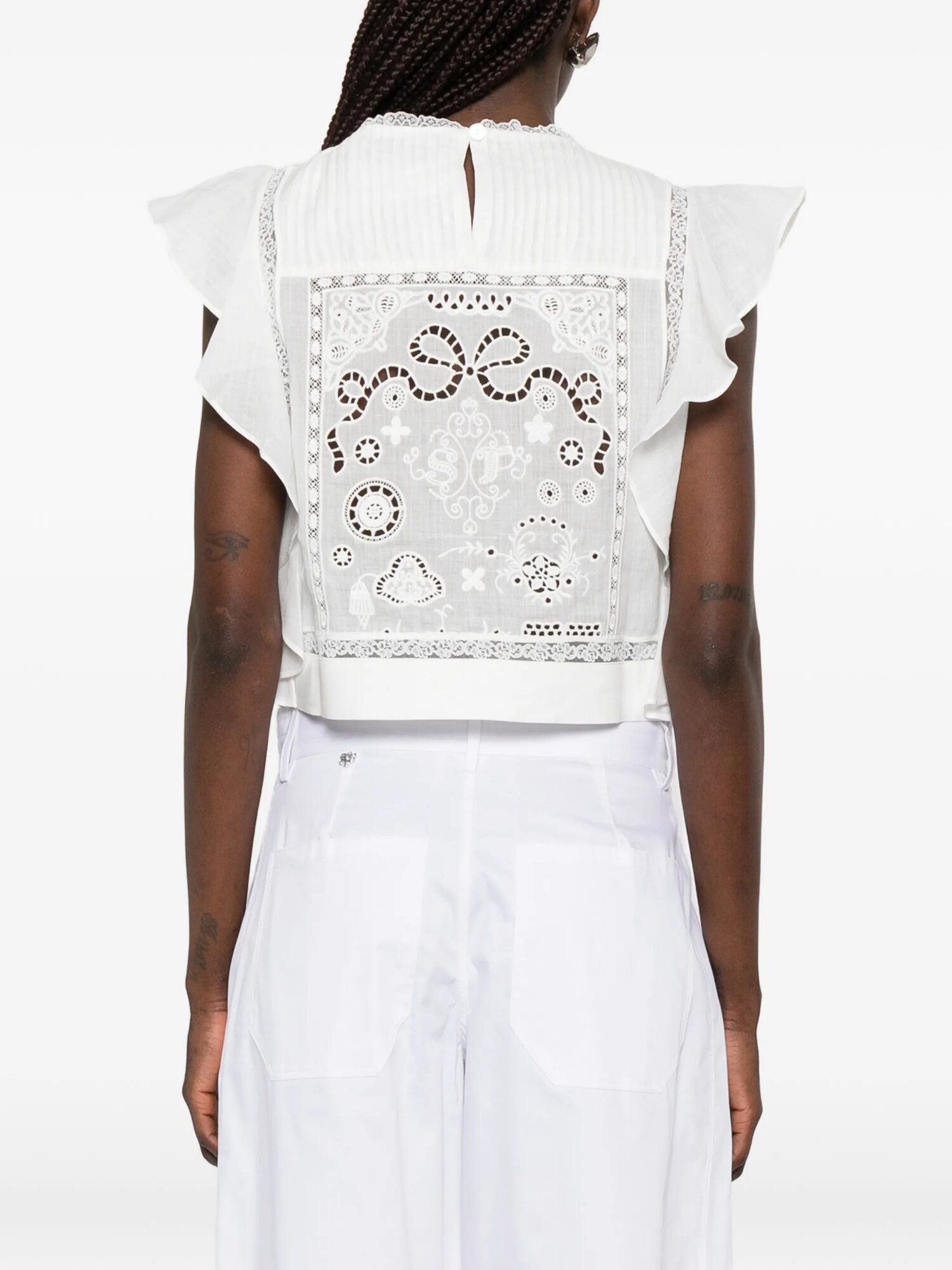 Топ Self-Portrait Lace-detail ruffled top, размер 12, white — фото 1
