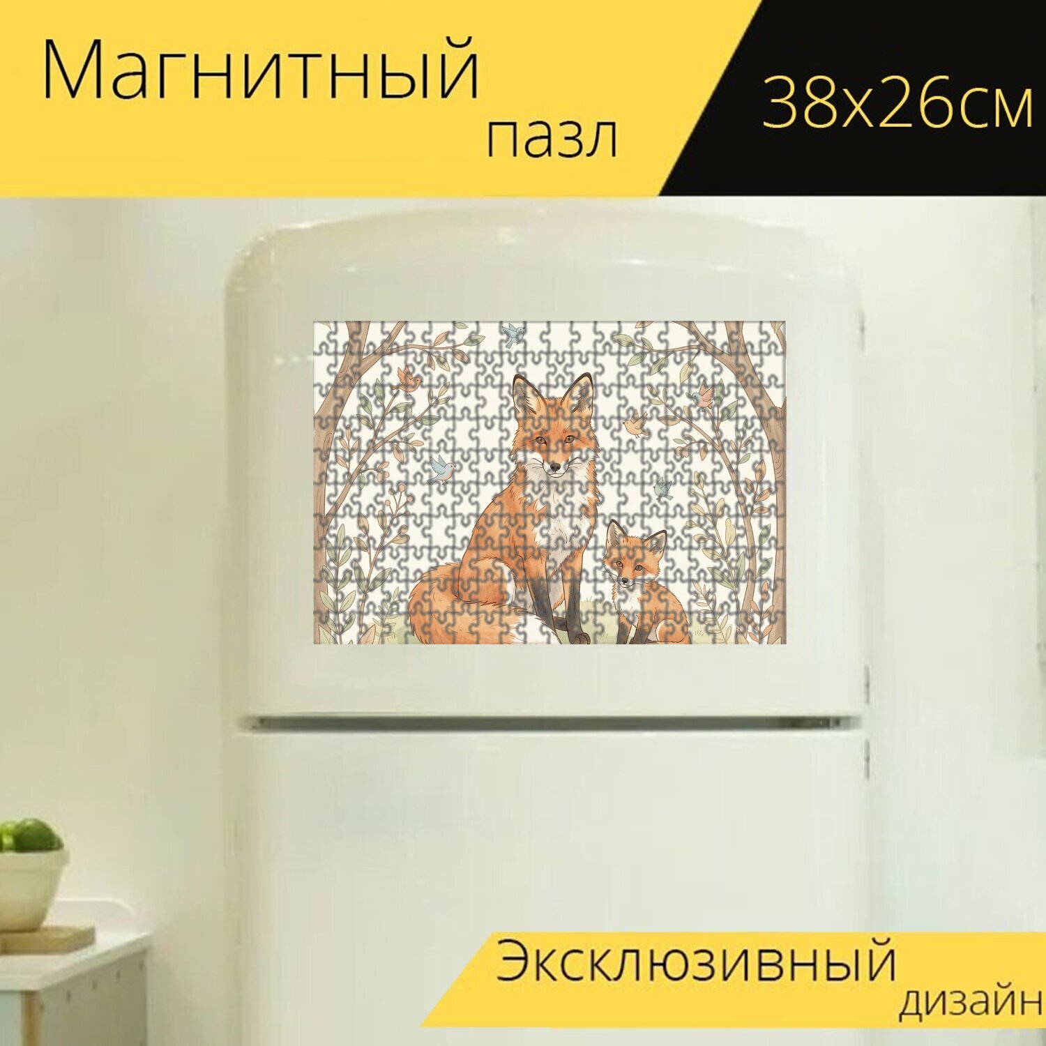Магнитный пазл "Лисы в лесной сказке. Нежная акварельная иллюстрация с рыжей матерью и детенышем среди ветвей и птиц. Пастельные оттенки, светлый фон." для интерьера, 38х26 см.