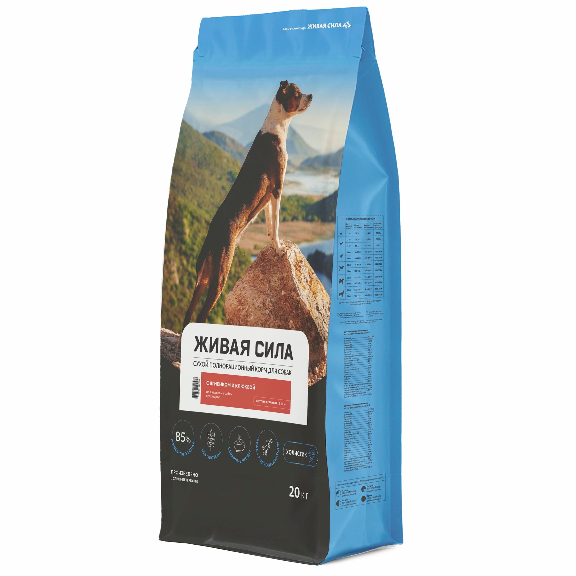 Живая Сила. Сухой полнорационный корм для взрослых собак всех пород, с ягненком и клюквой, крупная гранула 20 кг