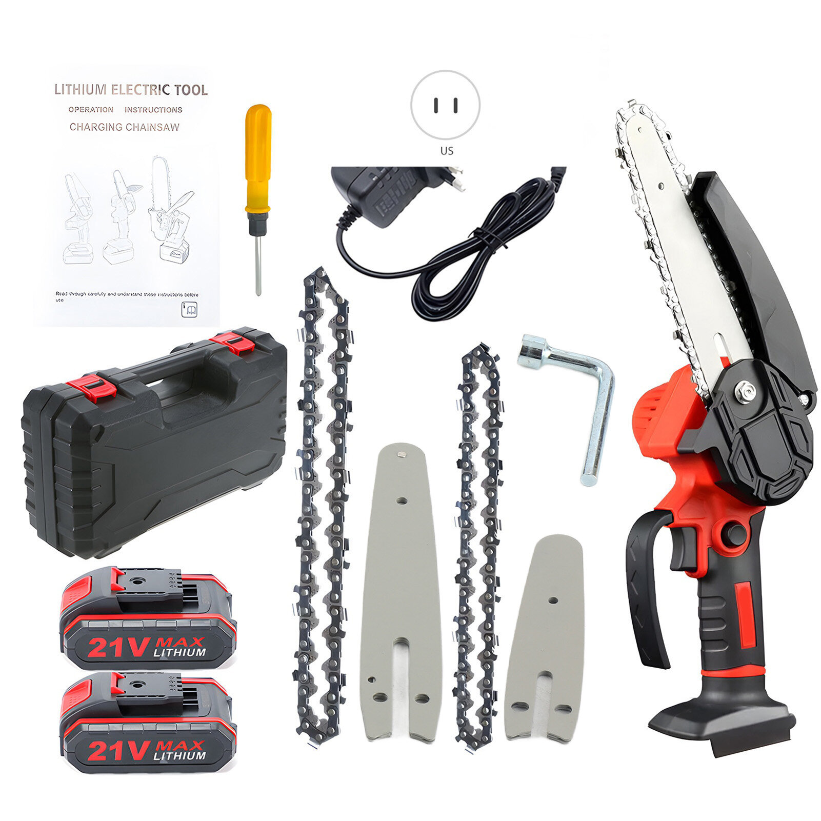 Мини -бензопила 4 -дюймовая 6 -дюймовая портативная бензопила с охраной блокировки 2 цепи 21 В. Перезаряжаемая аккумуляторная аккумуляторная батарея.