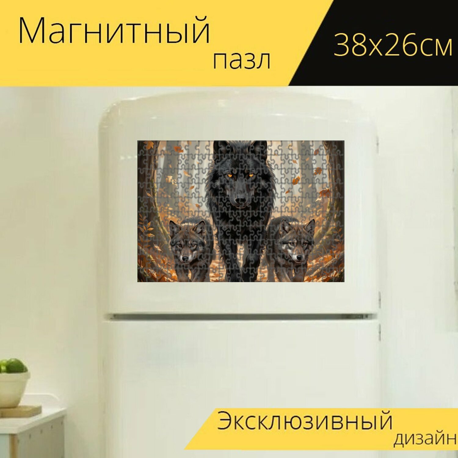 Магнитный пазл "Черный волк с волчатами. Семья хищников идет по лесной тропе среди осенней листвы. Цифровая иллюстрация в теплых коричнево-золотых тонах." для интерьера, 38х26 см.
