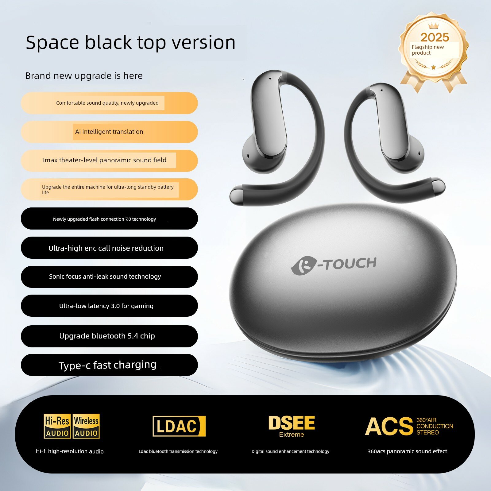 Наушники Bluetooth Tianyu, с заушным креплением, беспроводные, не внутриканальные, с функцией перевода, воздушная