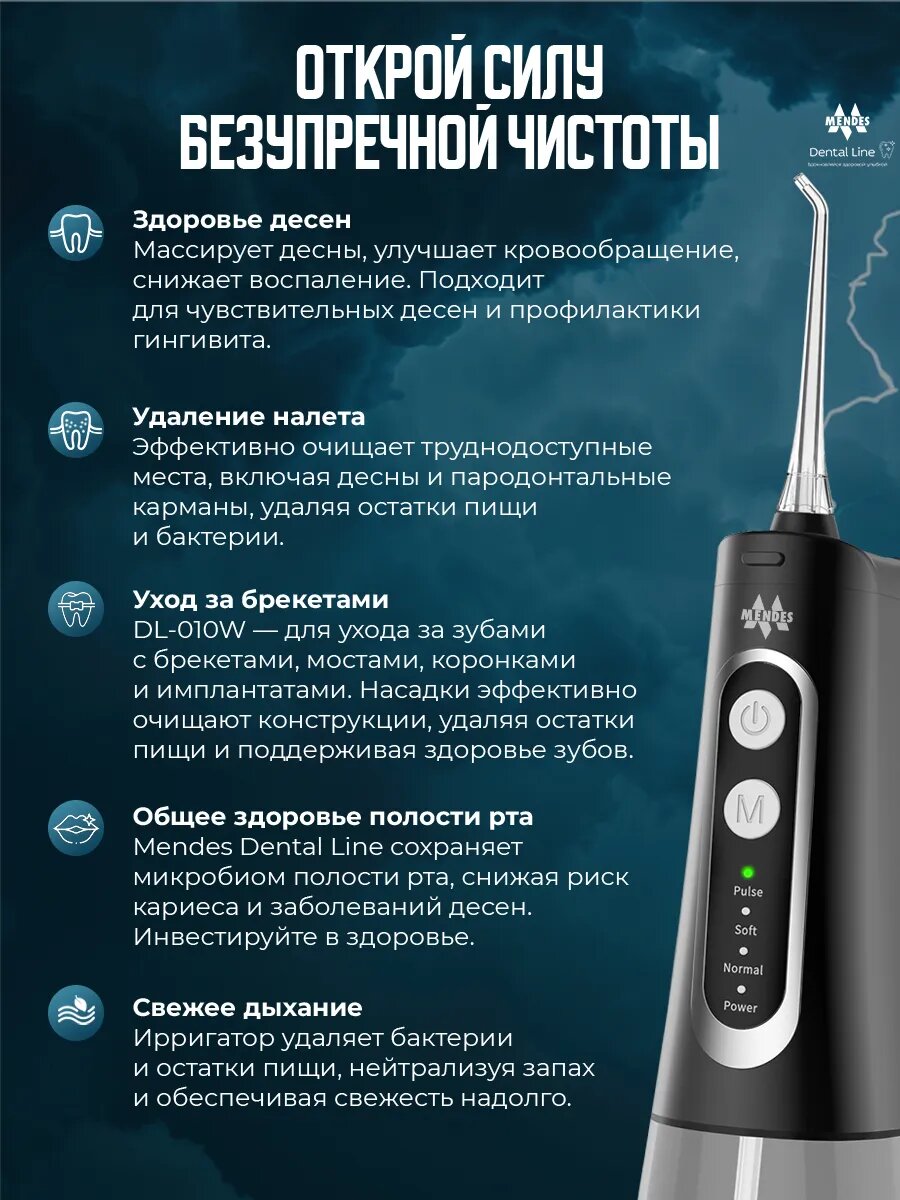 Ирригатор для зубов Mendes DL-010, беспроводной, 5 режимов, 200 мл, чёрный — фото 1
