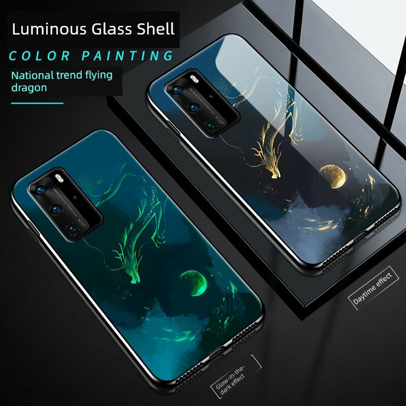 Чехол для Huawei P40 Pro+ с китайским узором дракона, светящийся в темноте стекло, ударопрочный