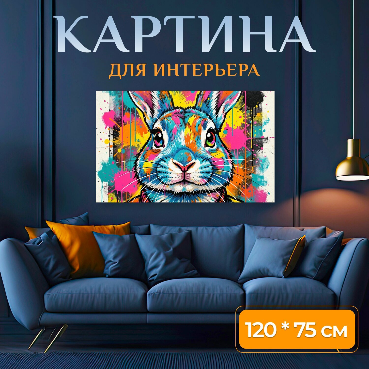Картина на холсте "Яркий заяц в стиле граффити. Неоновый кролик крупным планом в современной уличной подаче: бирюзовые, розовые, оранжевые и." на подрамнике 120х75 см. для интерьера