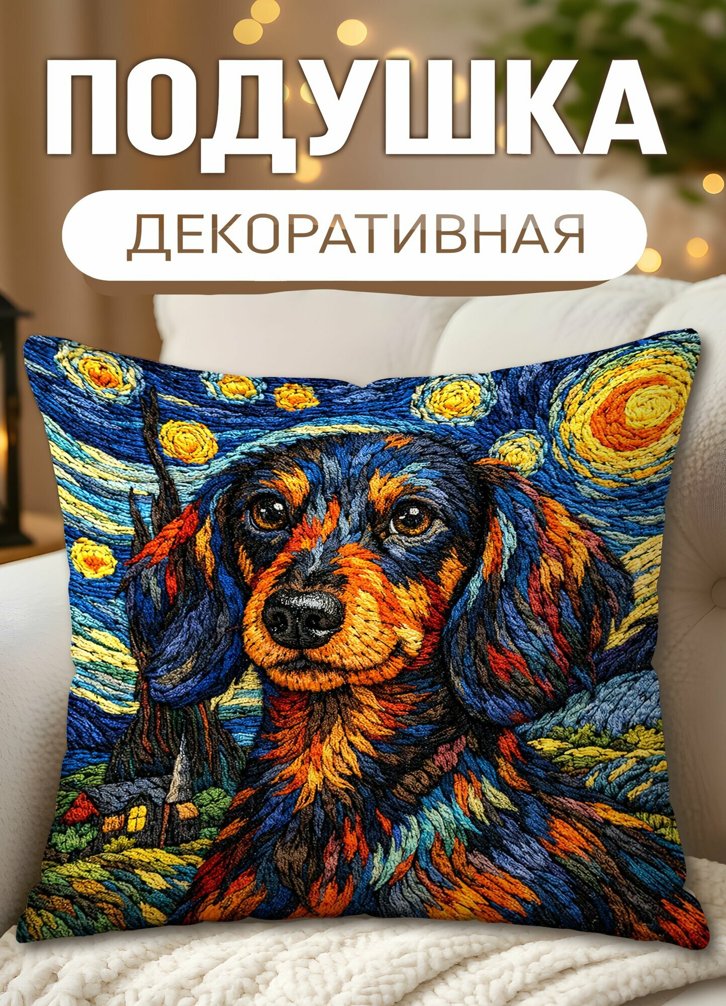 Подушка декоративная Собаки Ван Гог Звездная ночь Такса