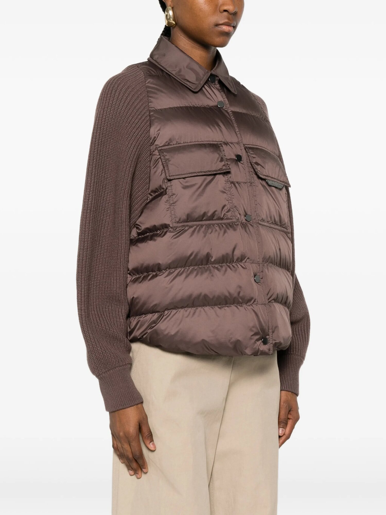 Куртка BRUNELLO CUCINELLI Quilted-panel knit-sleeve jacket, размер 42, brown — фото 1