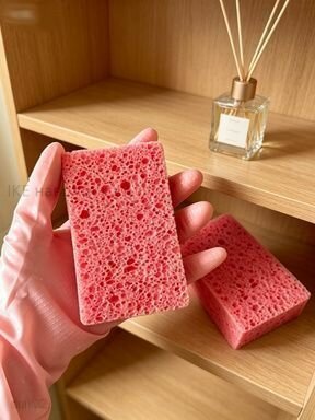 Губкой протрите кастрюли и миски, утолщенные хлопковой кухонной салфеткой из розовой древесной массы