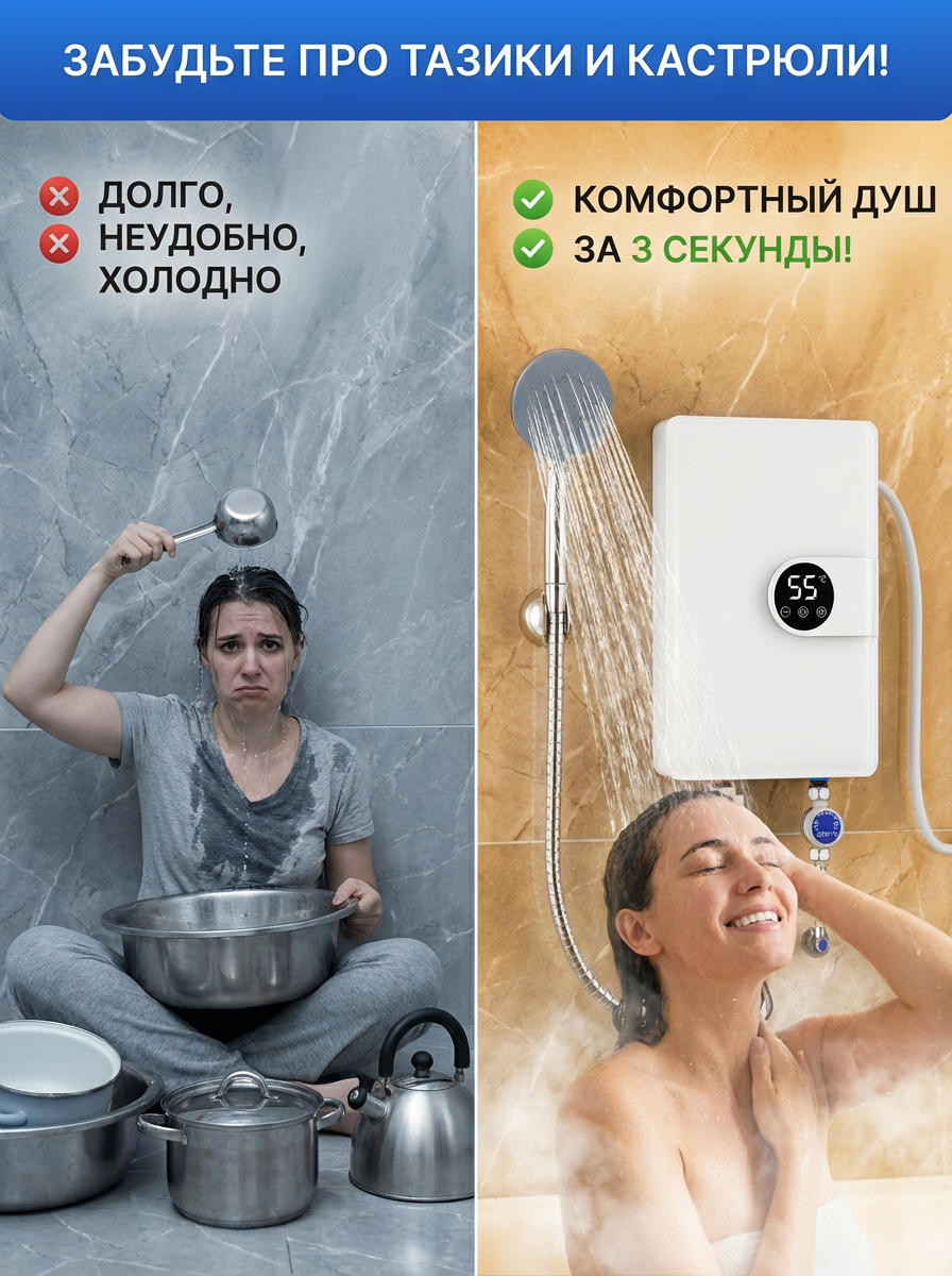 Электрический проточный водонагреватель для дома и дачи мощностью 3500-5500 Вт