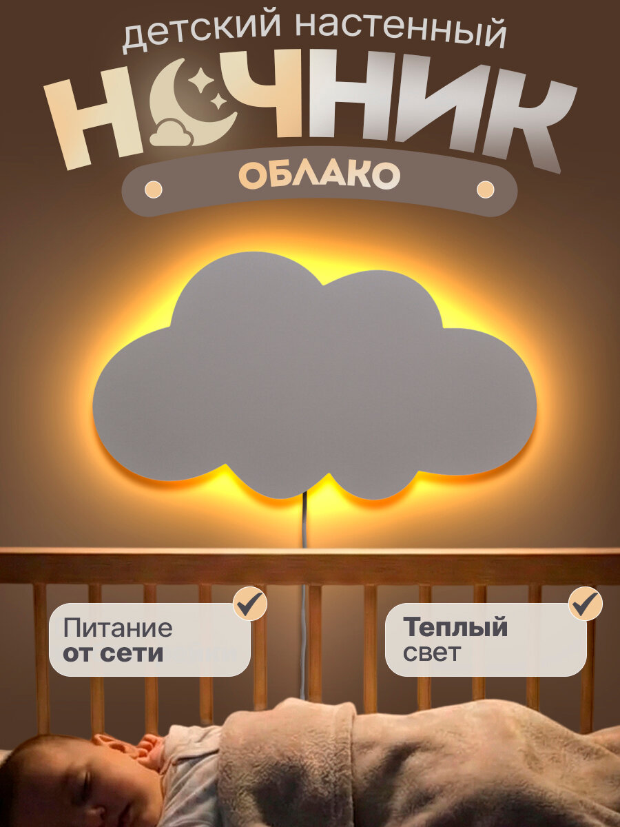 Ночник детский настенный облако деревянный с алисой, Теплый свет, питание от сети 220В, 45х25 см