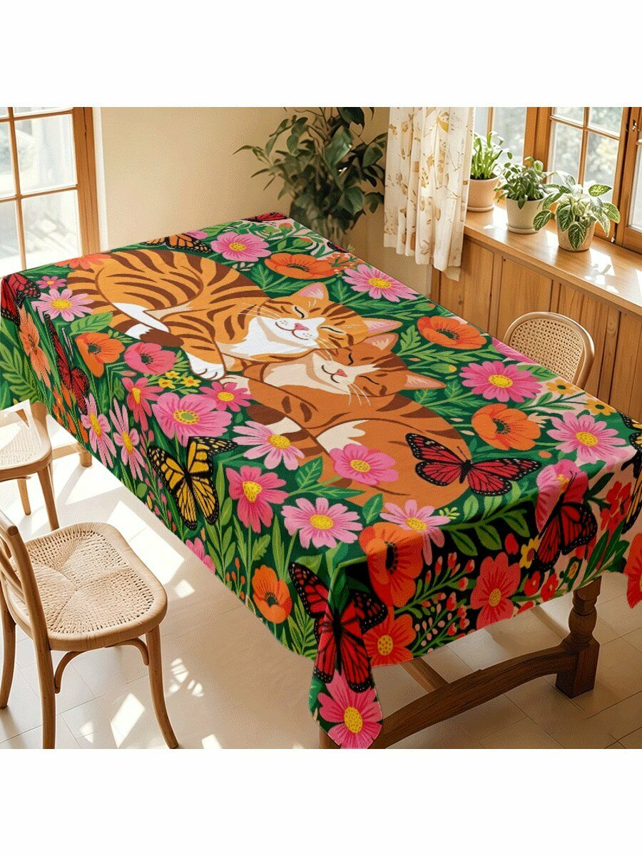 Столовая салфетка с декором рыжих кошек, цветов и бабочек 140X220CM