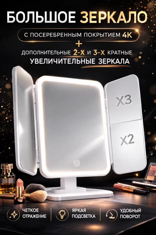 Зеркало складное настольное с led подсветкой для макияжа гримерное, сенсорное управление, белое
