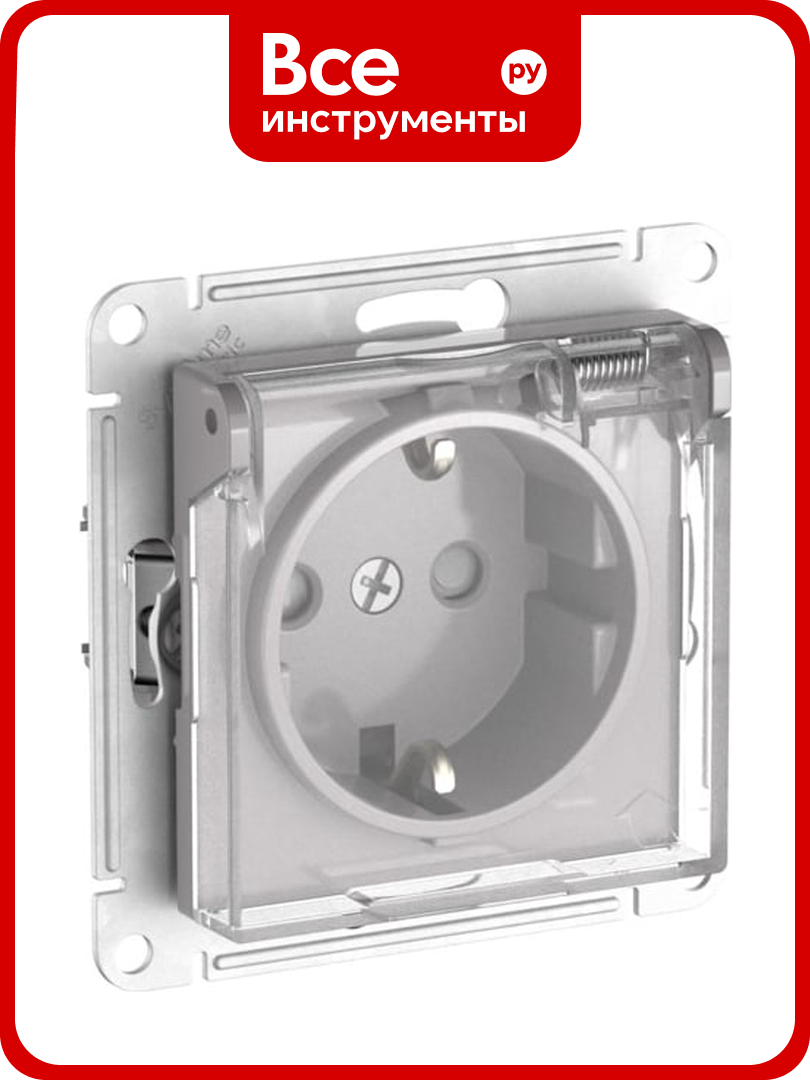 Розетка Systeme Electric ATLASDESIGN AQUA с заземлением, со шторками, с прозрач. крышкой, 16А, IP44, мех, быстрозажим. клем, Алюминий ATN440346S