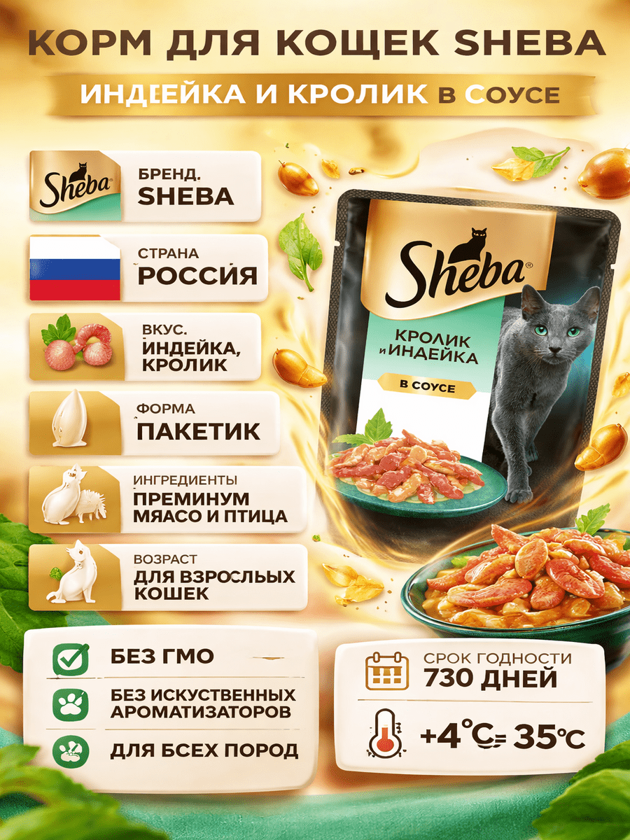 Корм влажный Sheba для кошек кролик-индейка, 75г х 28 шт