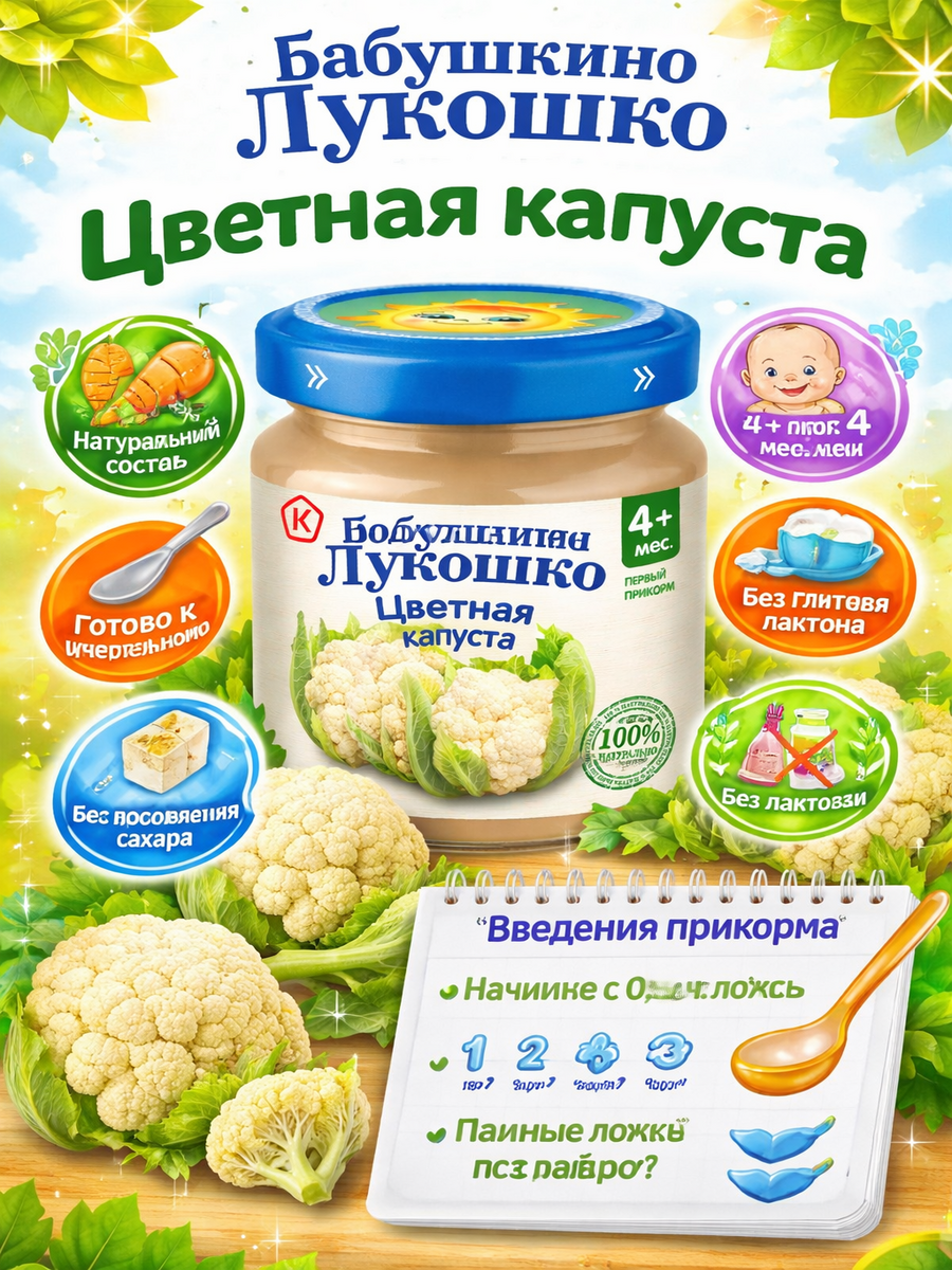 Пюре овощное детское Бабушкино Лукошко Цветная капуста с 4 месяцев, 100г