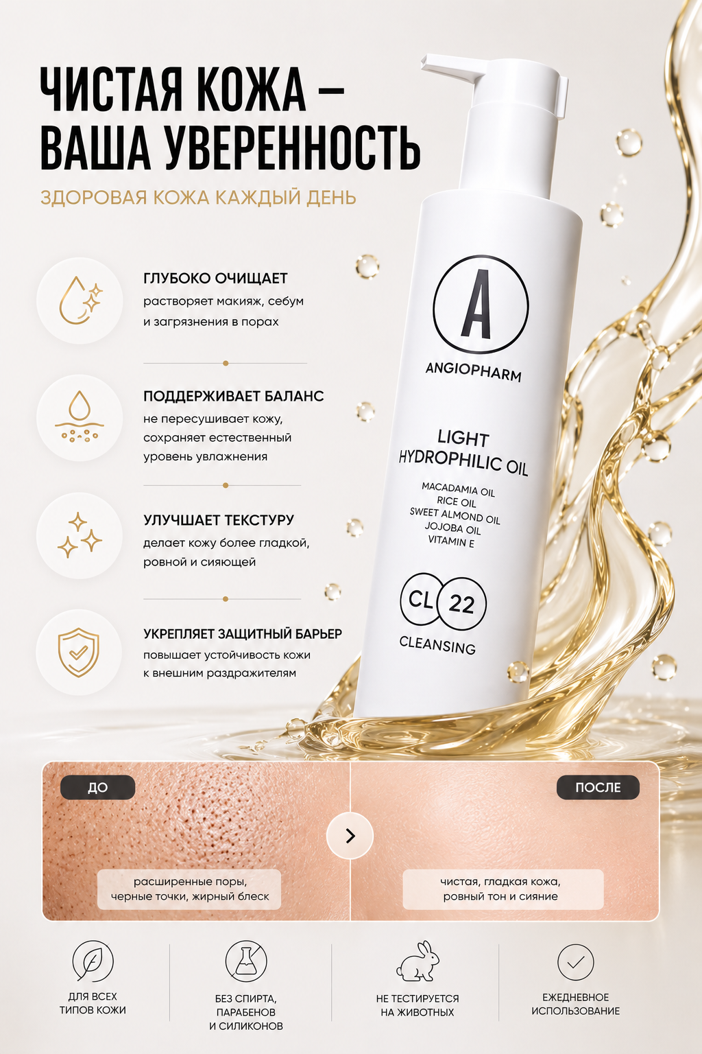 Легкое гидрофильное масло Angiopharm , очищение кожи 200 мл.