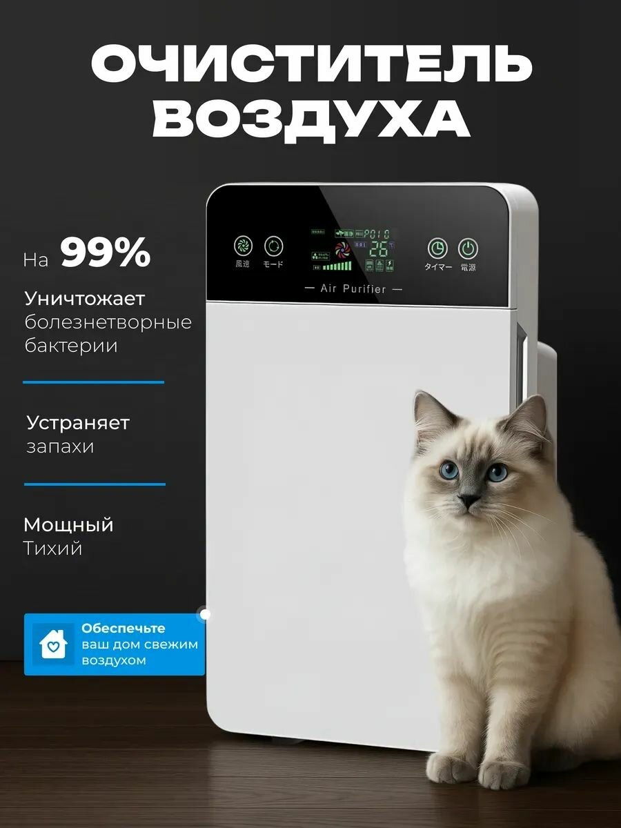 Очиститель воздуха для дома / Ионизатор от пыли / UV-очистка и ионизация/ HEPA фильтр с таймером Тихий режим, Удаляет шерсть, запахи и аллергены