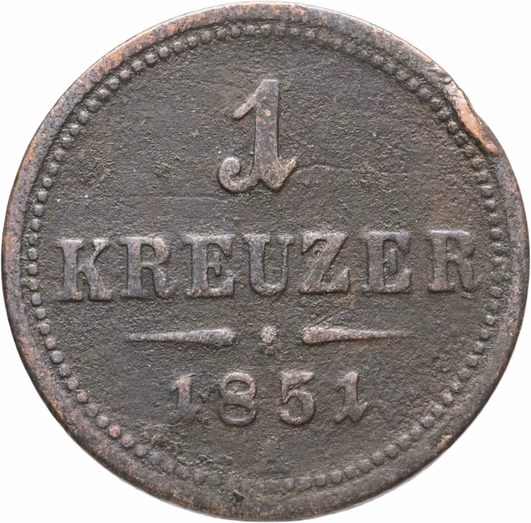 Австрия 1 крейцер kreuzer 1851, Медь, в сохранности VG-F