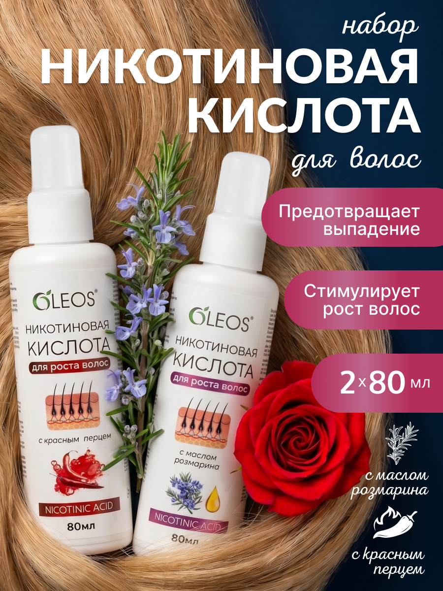 Никотиновая кислота для роста волос с красным перцем и розмарином, 2*80 мл