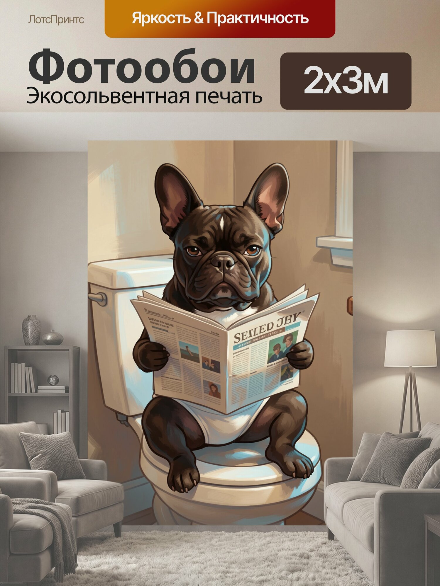 Фотообои "Бульдог с газетой в туалете. Мультяшный французский бульдог с серьёзным взглядом сидит на унитазе и читает газету. Тёплая уютная." 200x300 см. экосольвентная печать