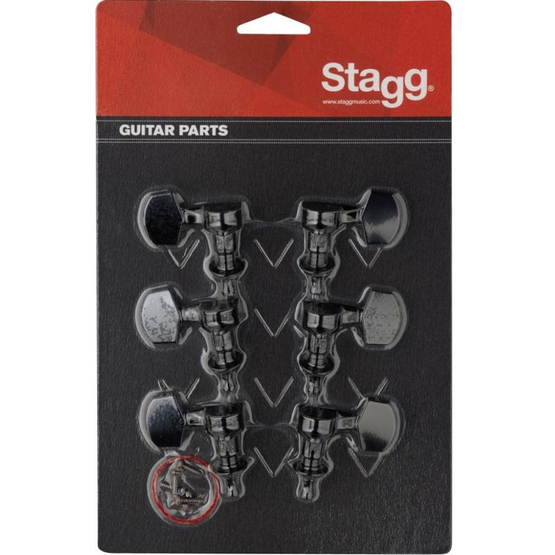 STAGG KG371BK - 6 колков для электрогитары/Folk гитары (3L+3R) . Литой корпус. Защитная смазка. Требуемый диаметр pegholes: 13/32". Металлические черные ручки (кнопки) в стиле "Schaller". Необходимые винты и резьбовые втулки в комплекте