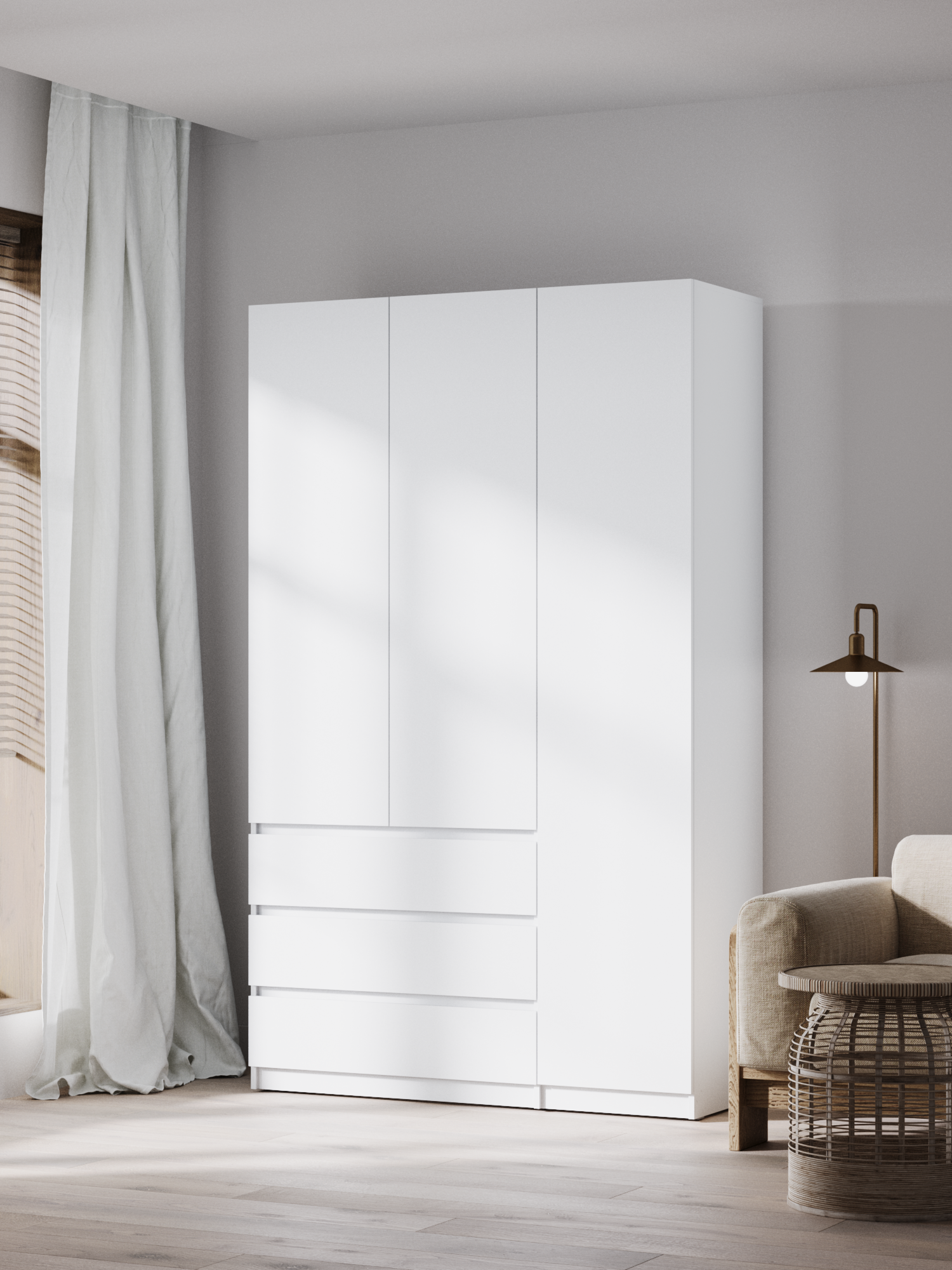 Шкаф для одежды Нонтон Грандис, 135x50x220 см, 3 ящика и 7 полок, белый