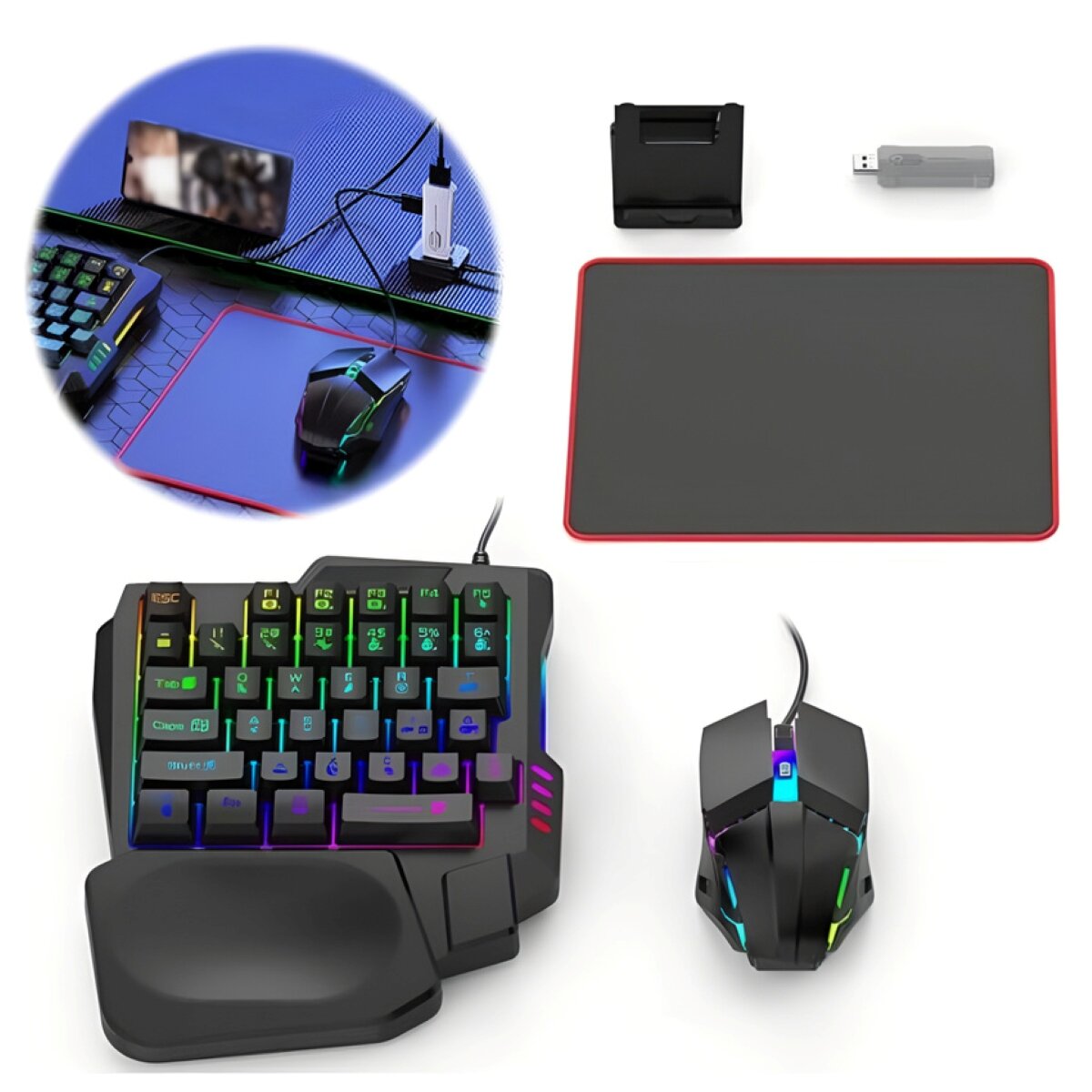 Игровой комплект для смартфона и ПК / Игровой конвертер, проводная клавиатура с RGB-подсветкой, подставка для запястья