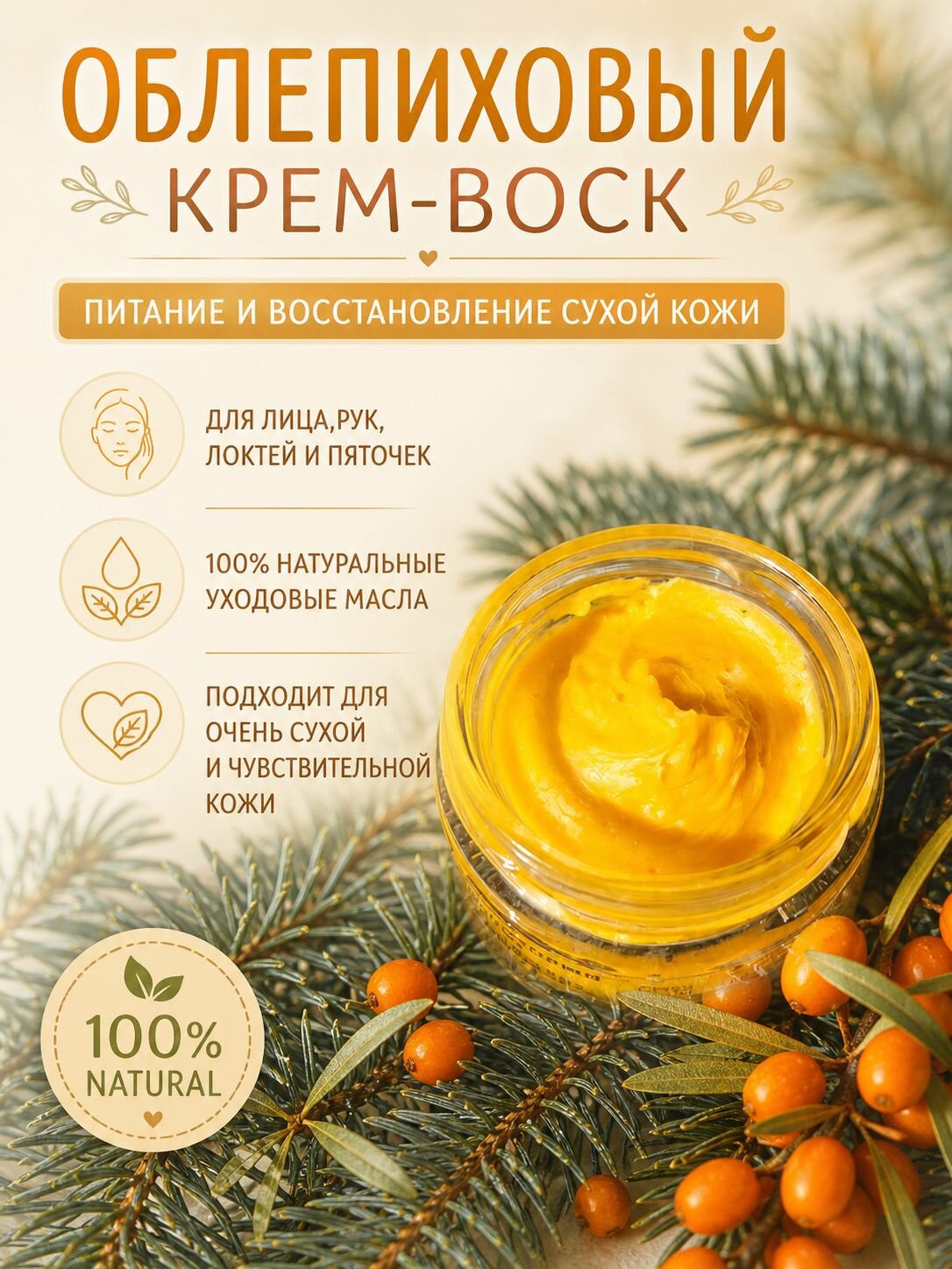 Крем-воск взбитый облепиховый питательный для сухой кожи лица, рук, пяток и локтей, 30 мл