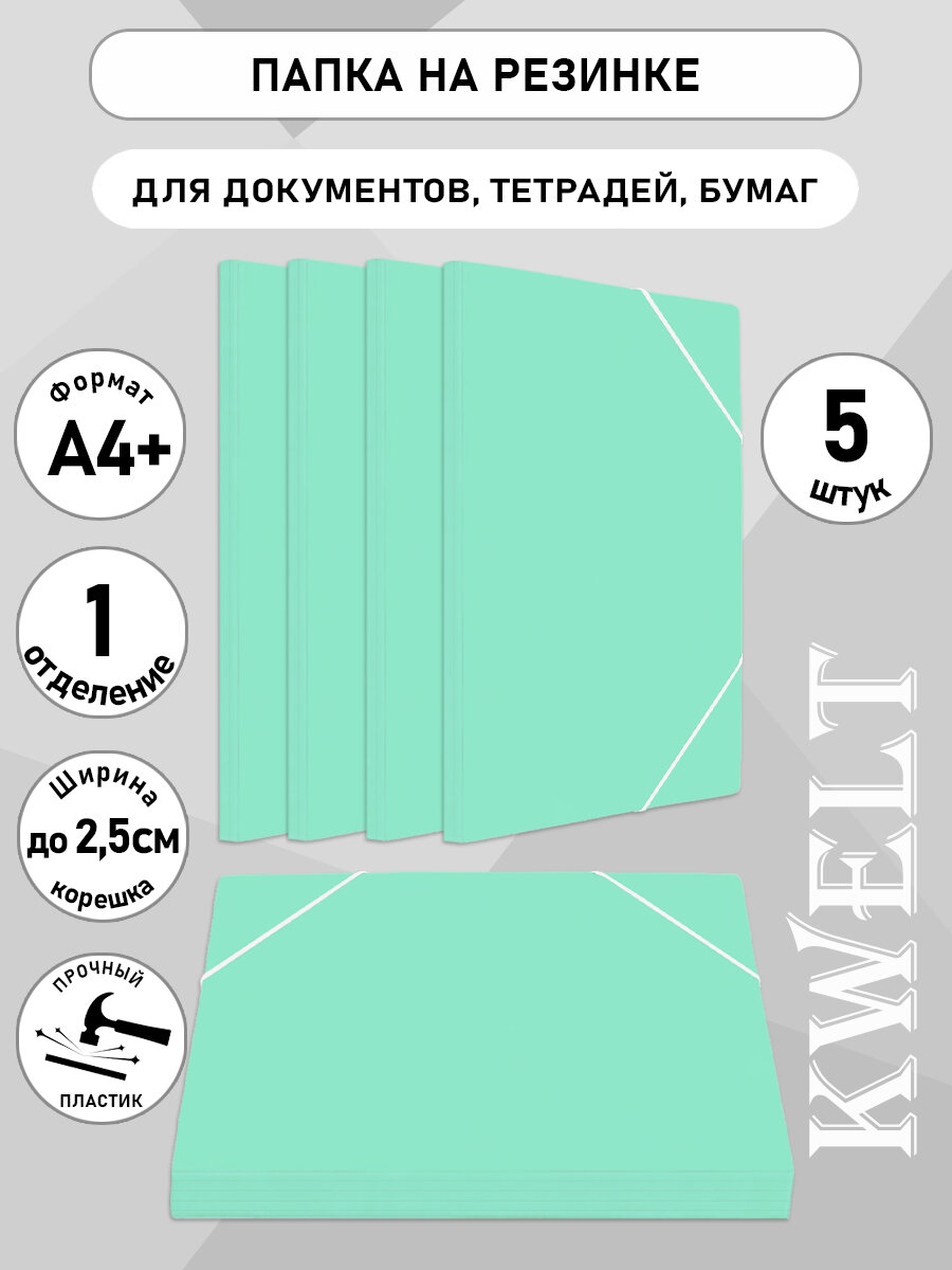Папка для бумаг пластиковая, на резинках мятная 5шт