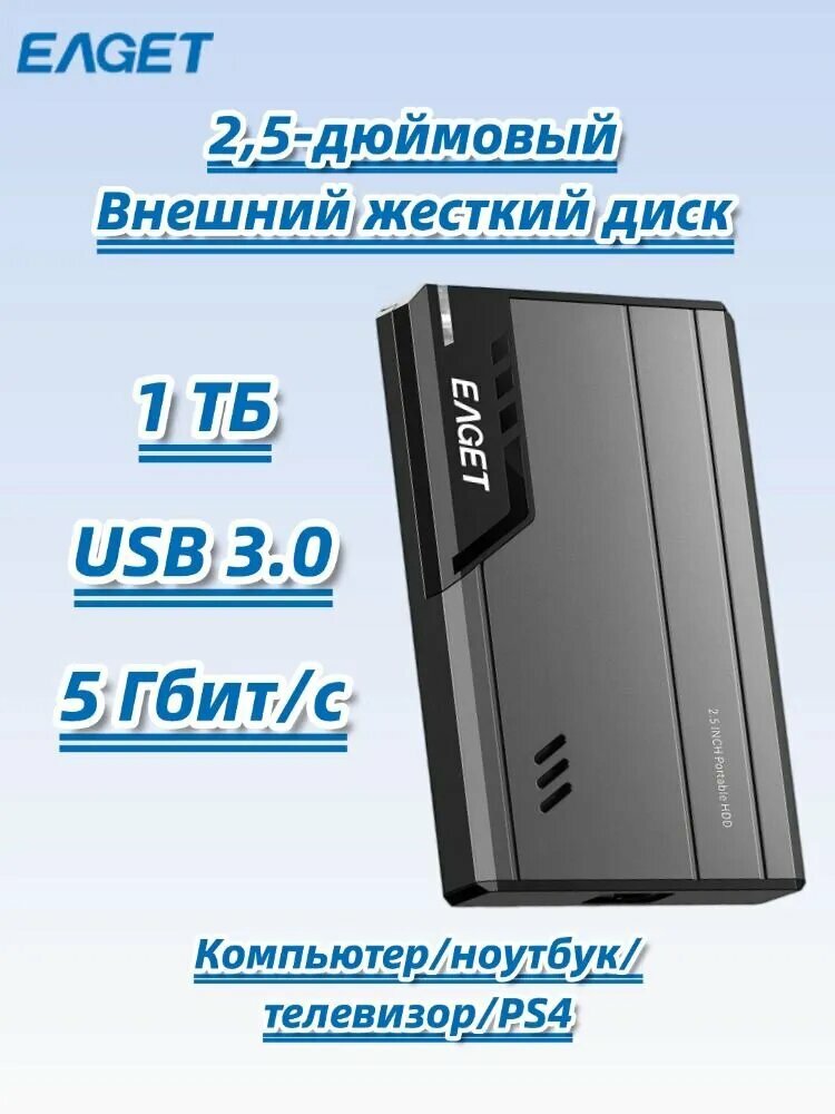 EAGET 1 ТБ Внешний жесткий диск (G68/1T), Металл, серый металлик